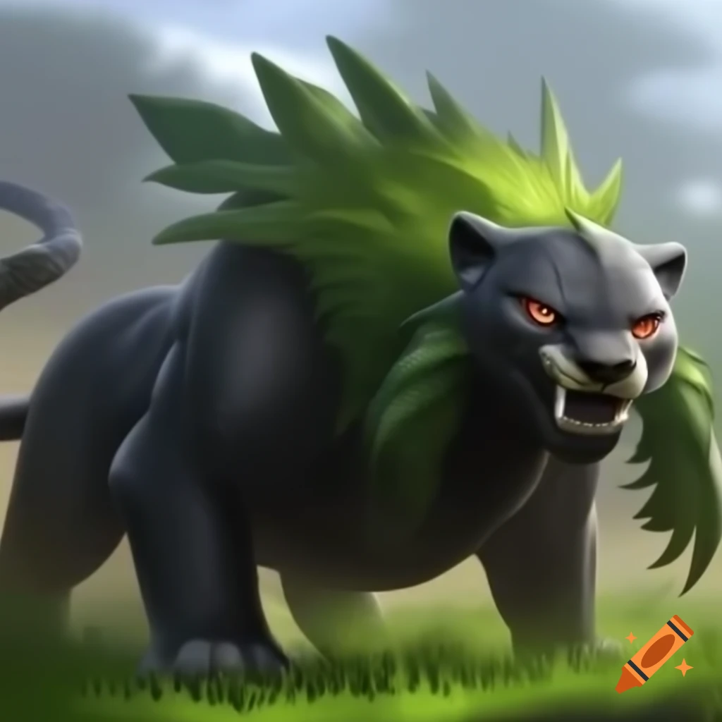 Concept of a powerful grass/dark-type jaguar pokémon with leafy mane on ...