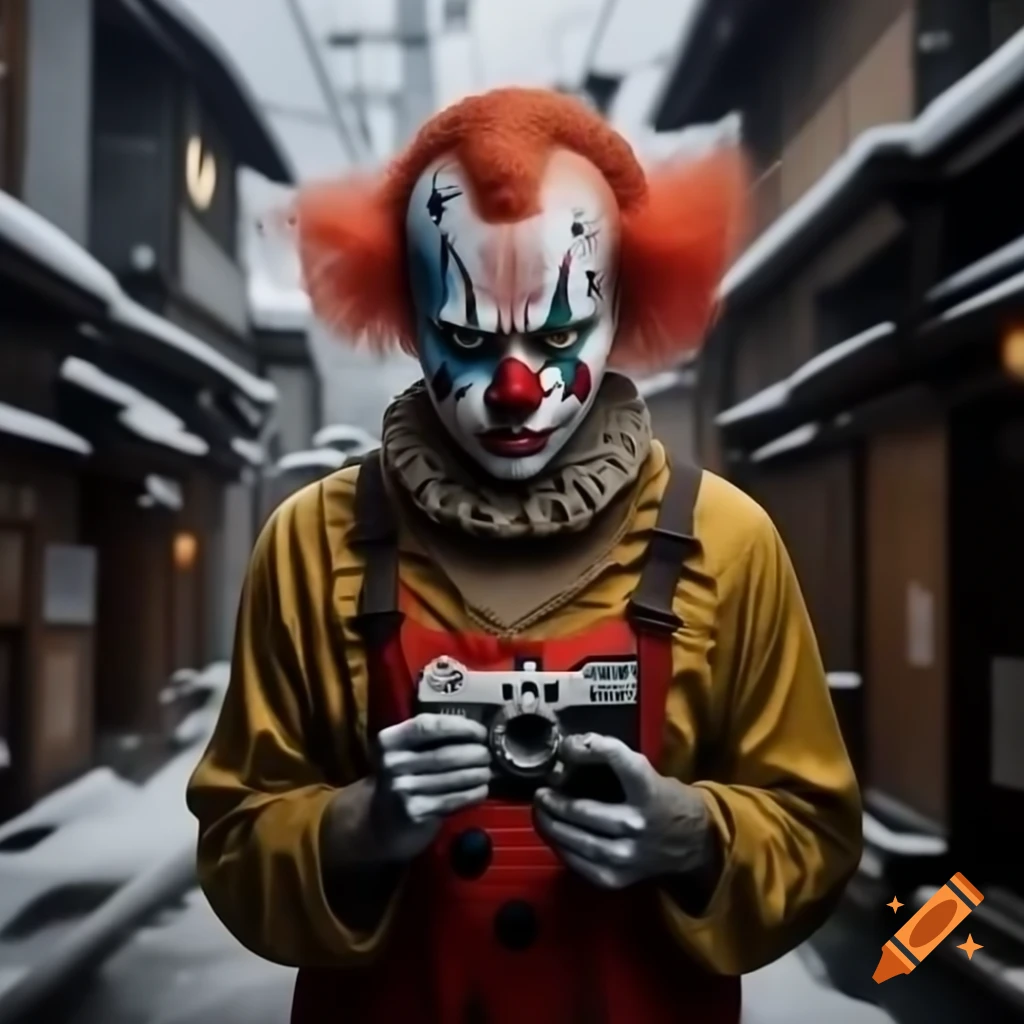 Street art of sad homeless clown with polaroid camera in snowy japanese ...