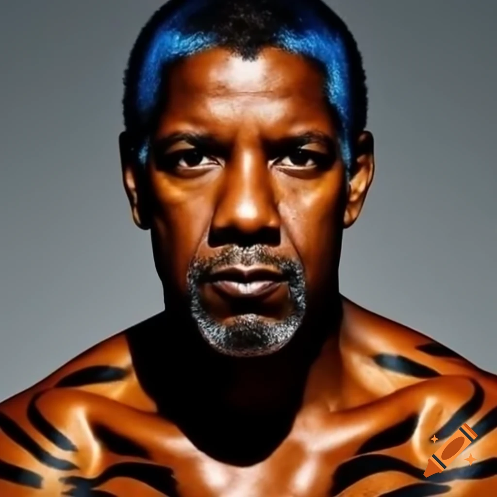 Muscular Denzel Washington with tiger-style makeup and blue hair on Craiyon