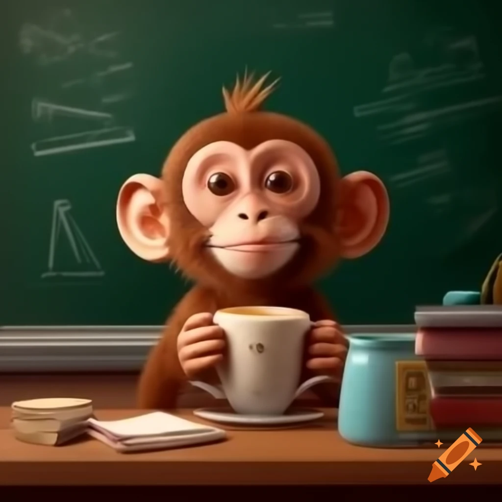 Cute monkey drinking coffee in classroom with chalkboard on Craiyon