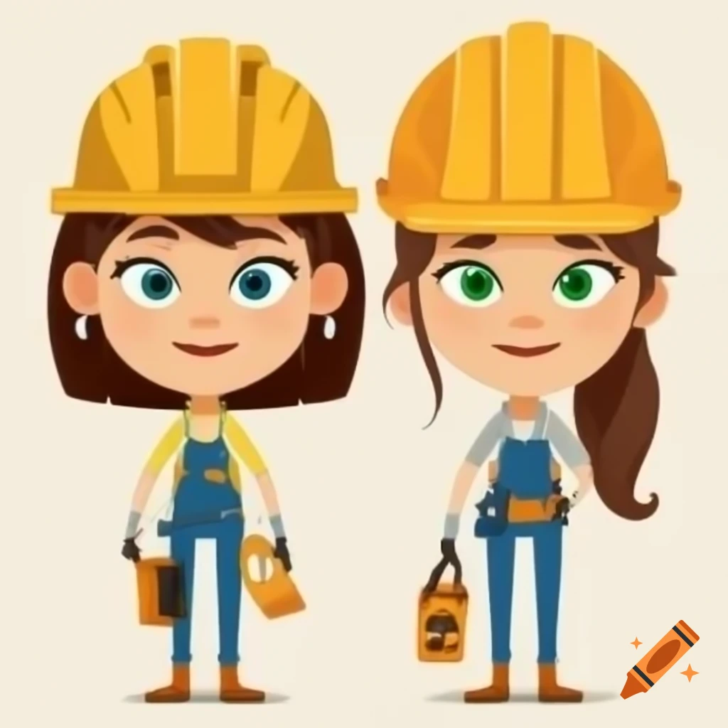 Cartoon of two construction working women with brown hair in hard hats ...