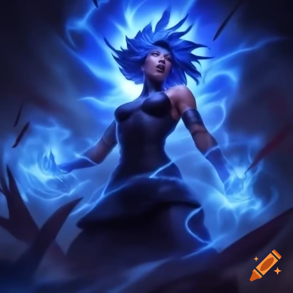 Radiant figure with electric blue hair amidst pixel storm on Craiyon