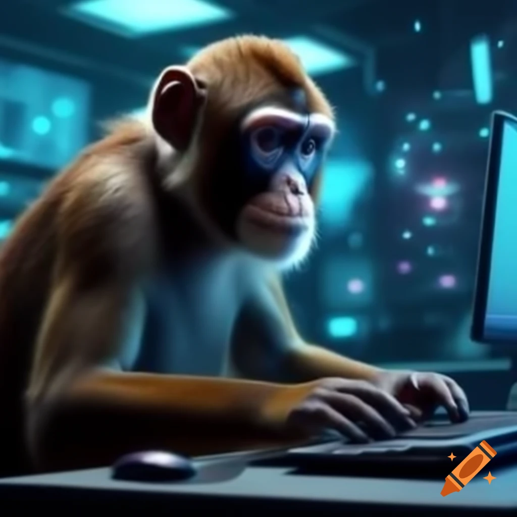 Monkey typing on holographic keyboard in futuristic computer lab on Craiyon