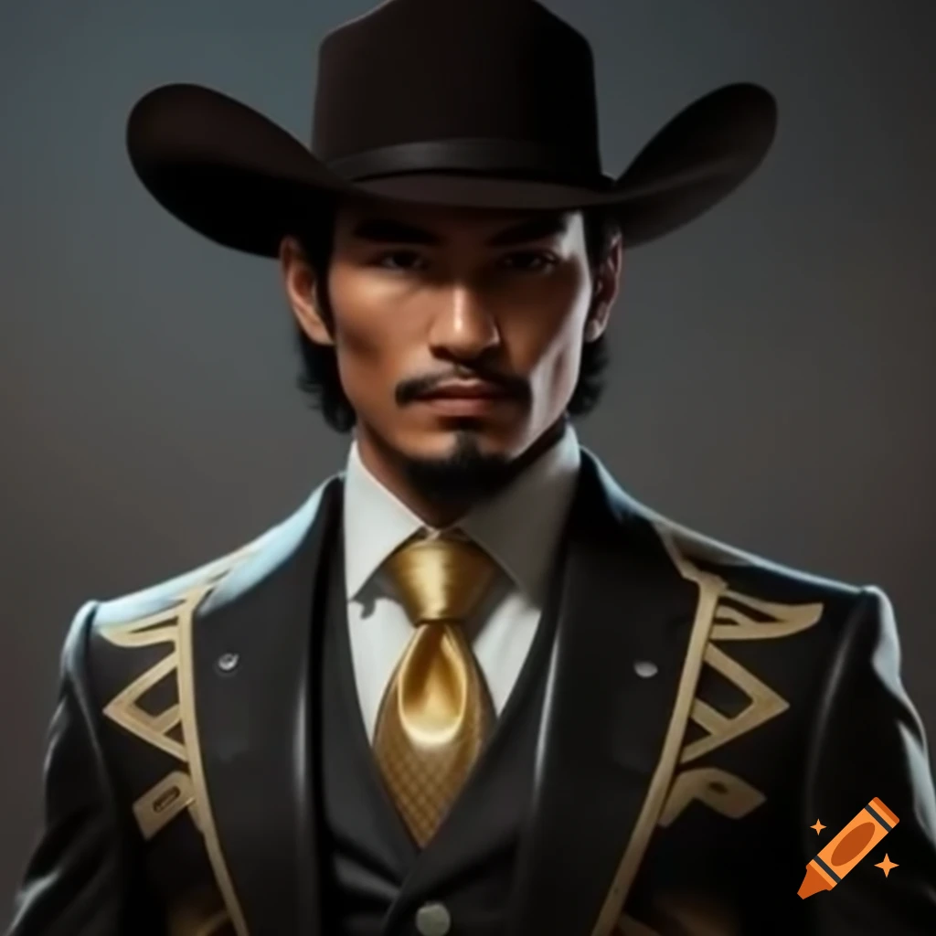 Dapper Asian cowboy in black and gold suit with gold tie and goatee on ...