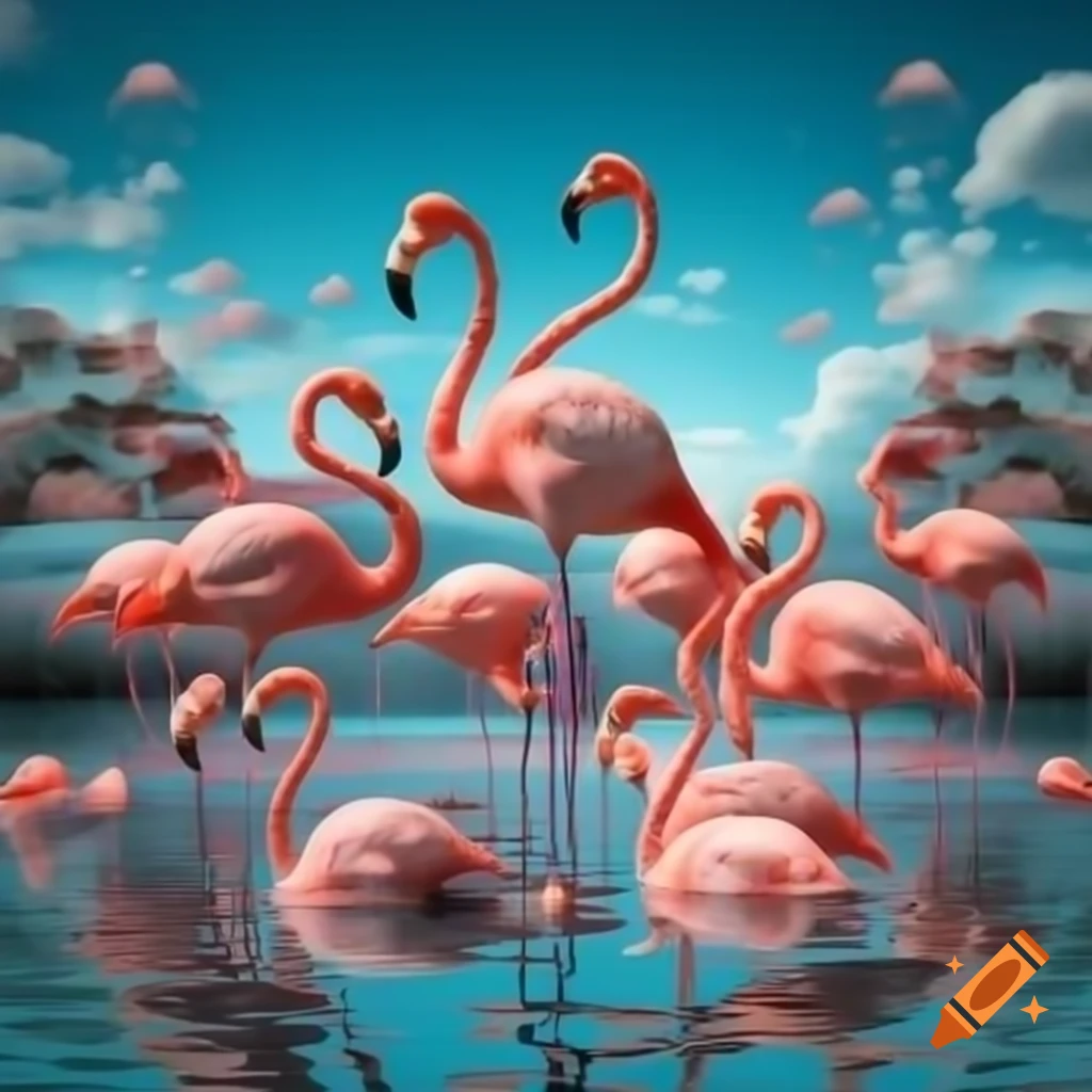 Surreal dreamscape featuring flamingos in vibrant colors on Craiyon
