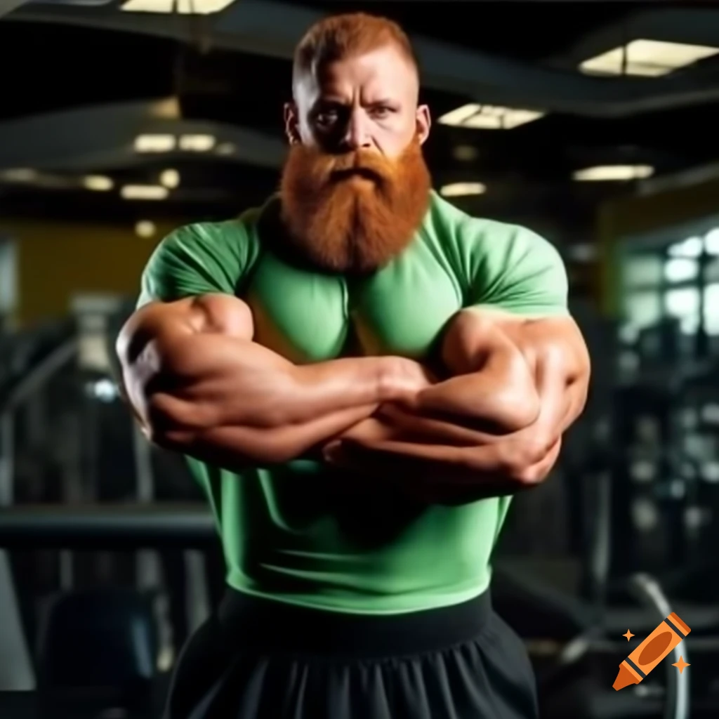Gym manager with ginger beard wearing green shirt and black pants on ...