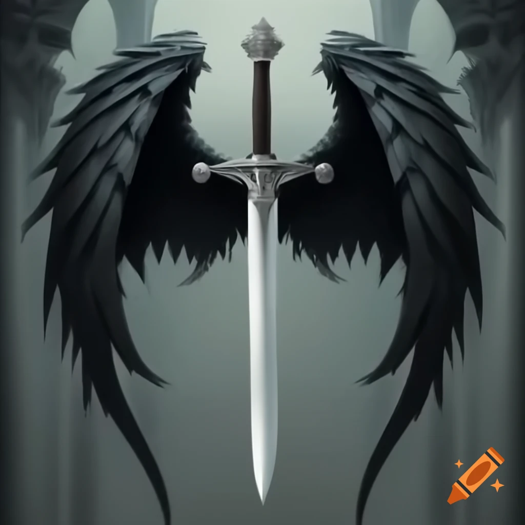 Gothic French style sword with dark angel wings in silver outline on ...