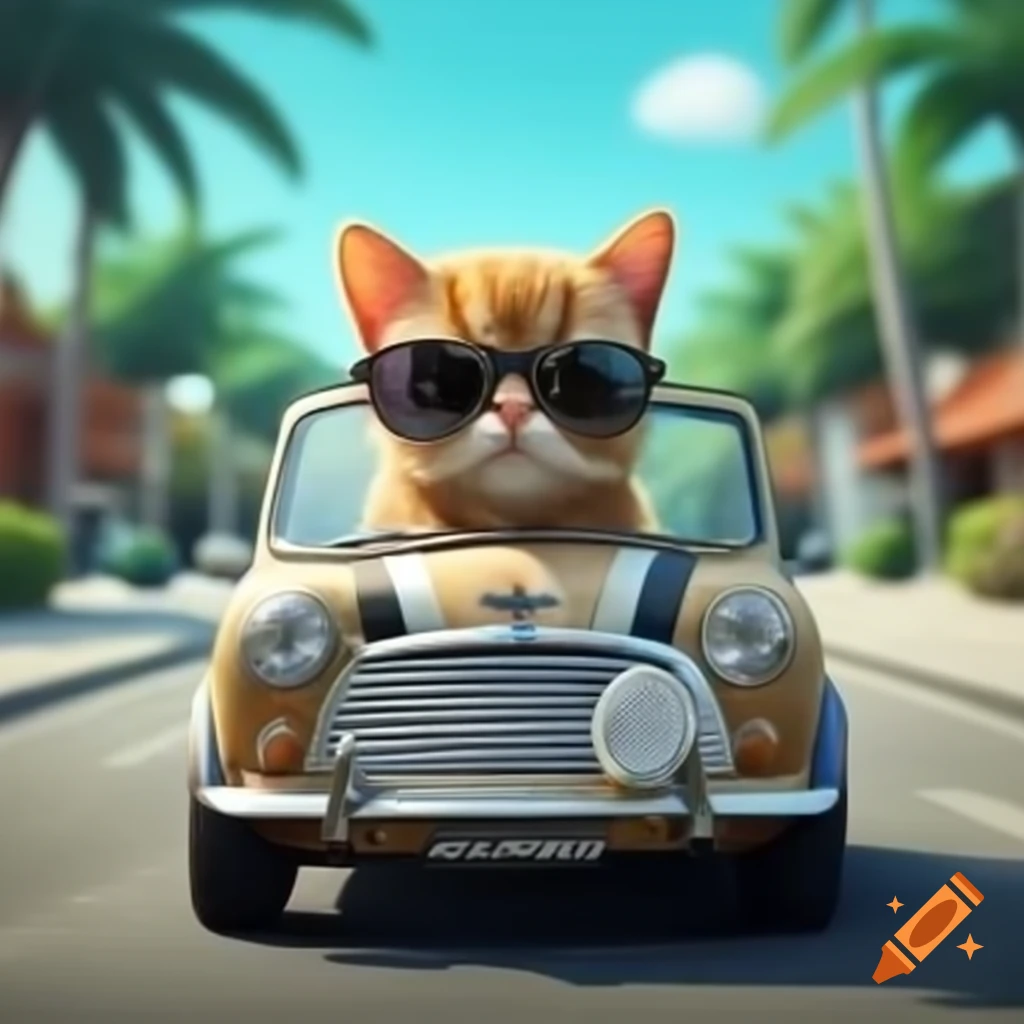 Cat with sunglasses driving mini cooper in tropical setting on Craiyon