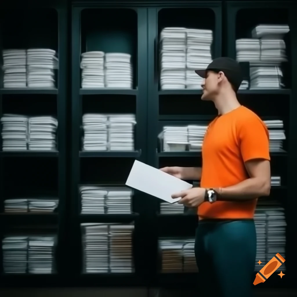 Employee smiling in warehouse with labeled boxes on metal shelves on ...