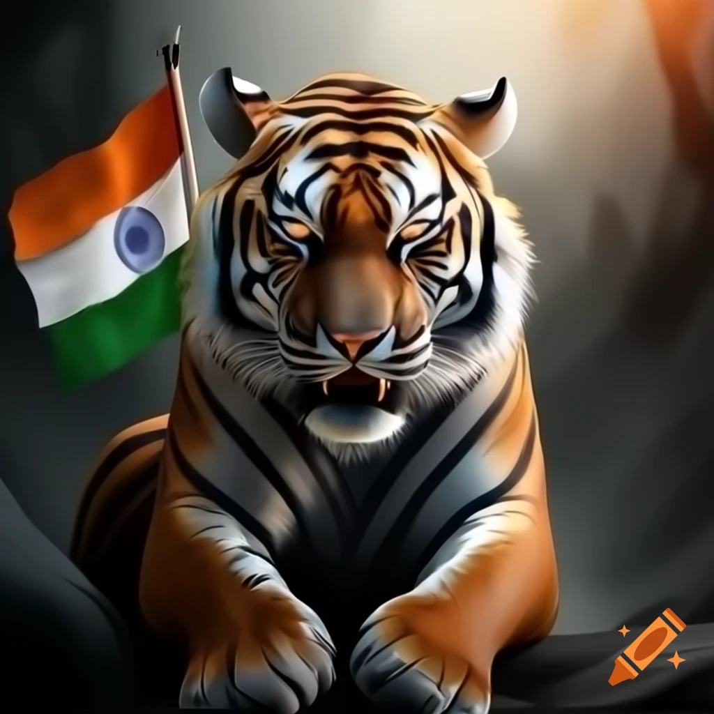 Tiger holding Indian flag in its mouth, minimalistic artwork with soft ...