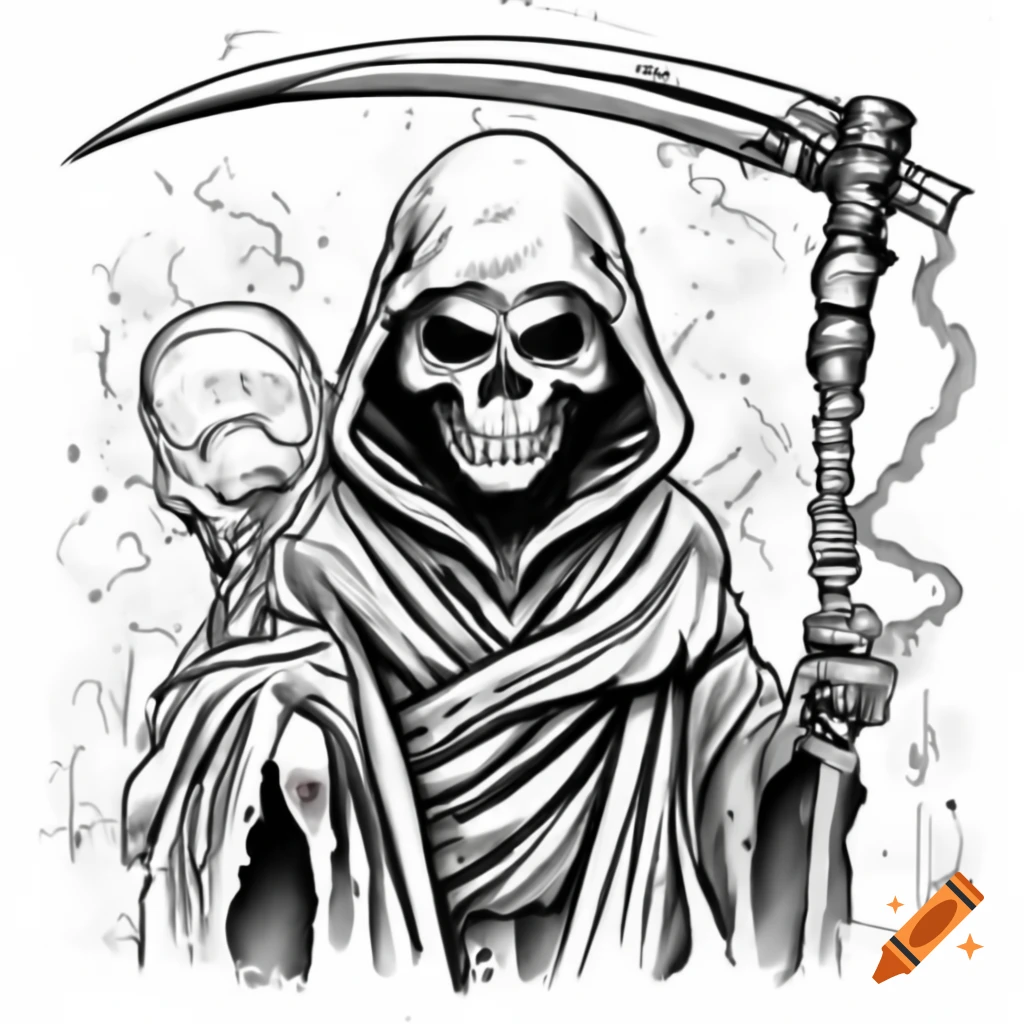 Sketch of the grim reaper with scythe and hourglass, featuring a chain ...