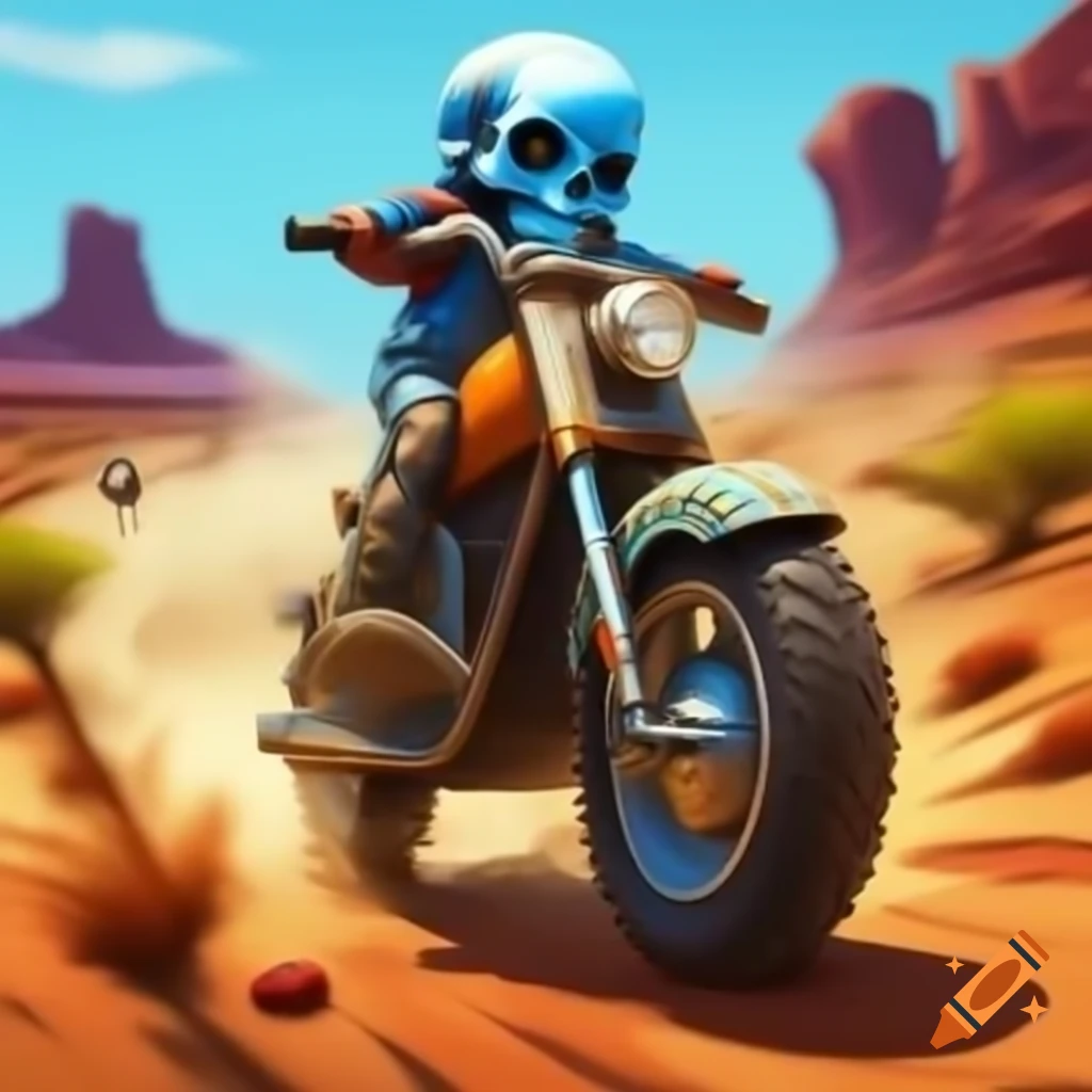 Young rider racing on funky orange scooter through dusty desert trails ...