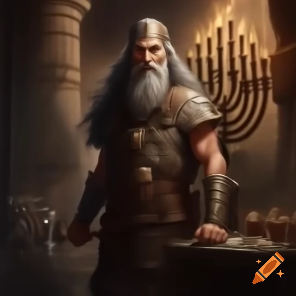 Ancient Jewish Maccabee warrior beside the seven-branched menorah in ...