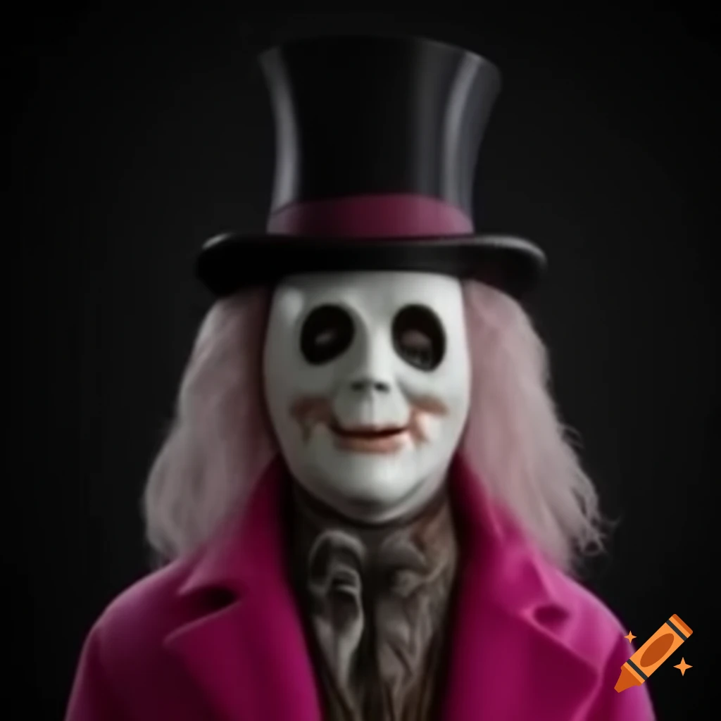 Horror-themed porcelain mask with top hat and pink coat on Craiyon