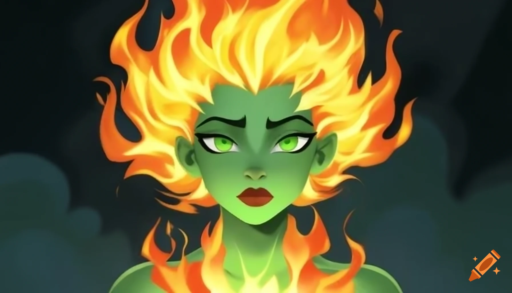 Beautiful woman with green eyes and flame-shaped hair in a firestorm, artwork by Frank Cho on ...