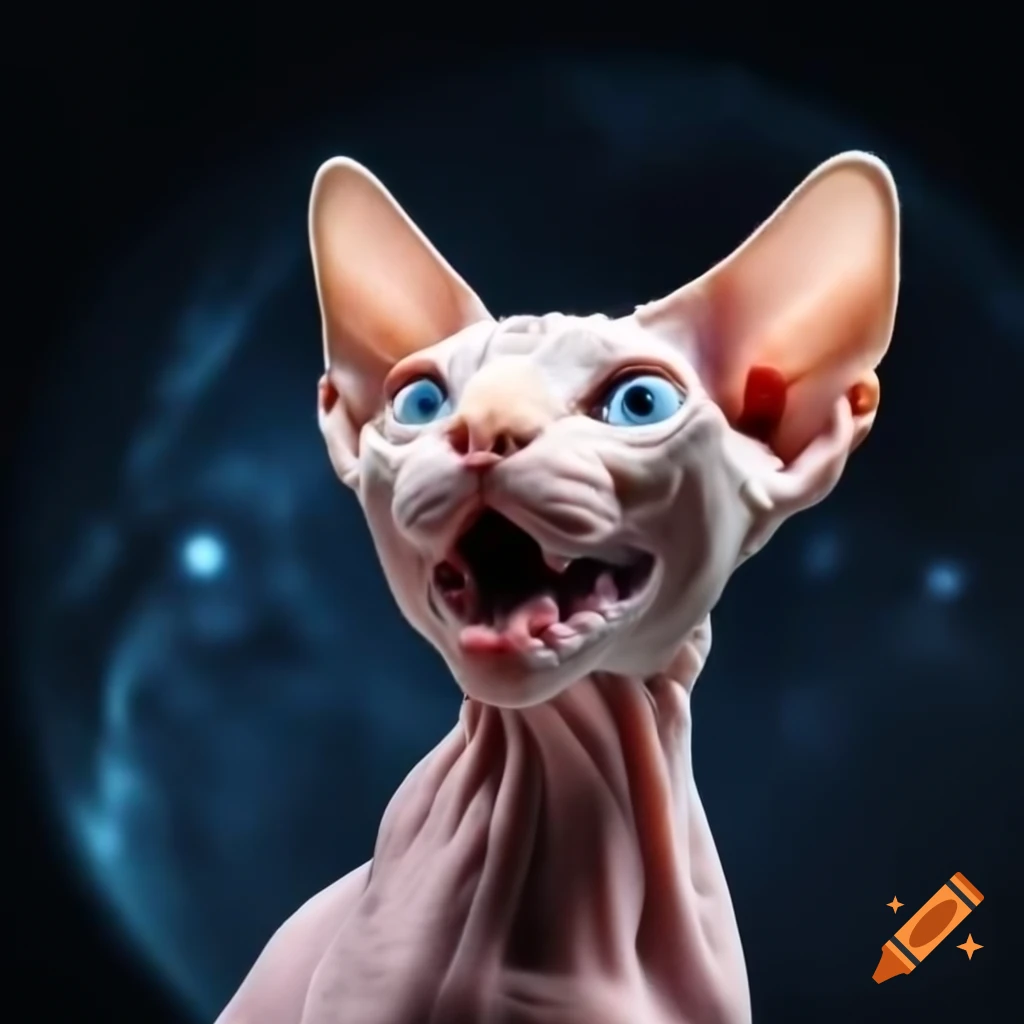 Curious Sphynx cat in space, astonished by the vast emptiness on Craiyon