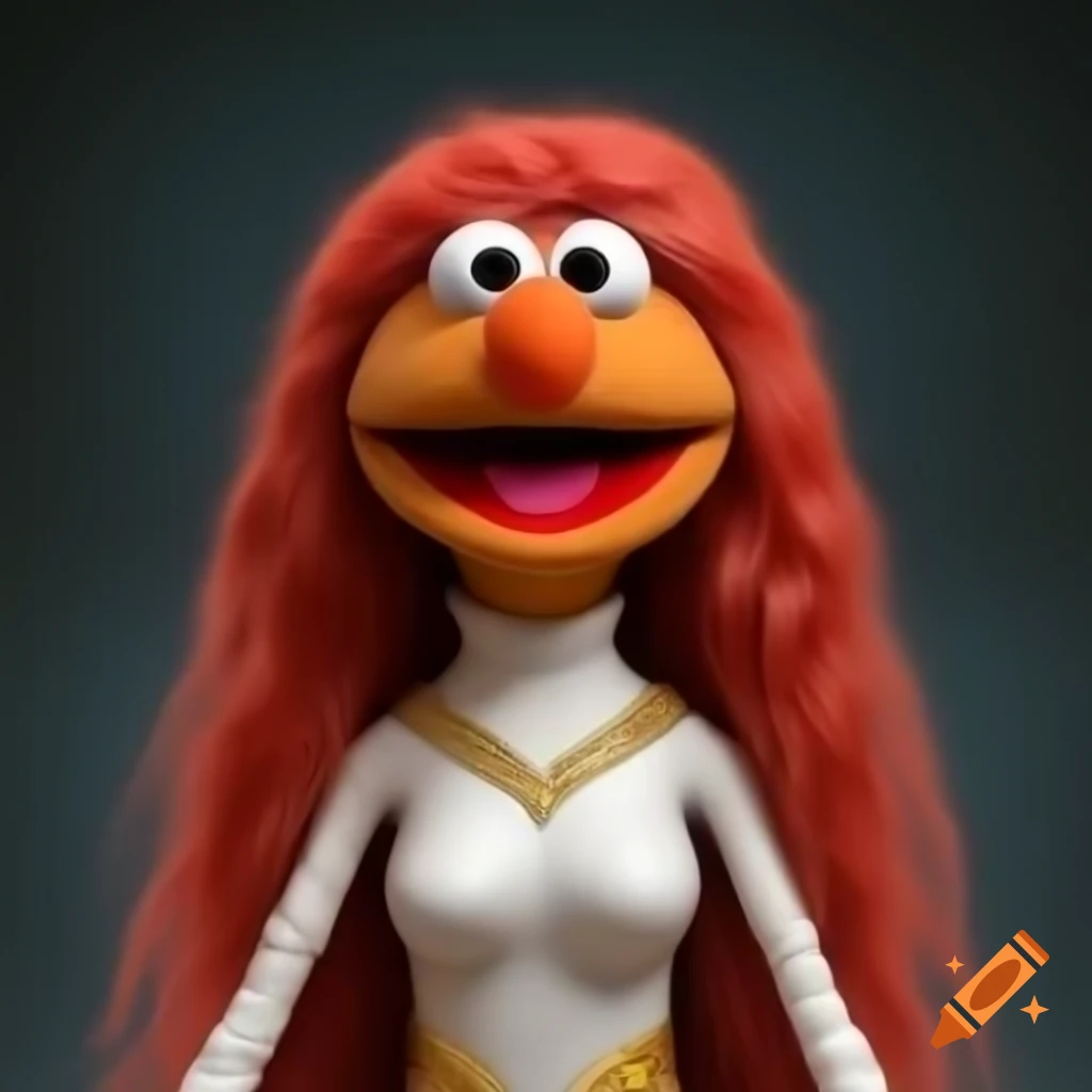 Elmo character reimagined as a female with long hair in white and gold ...