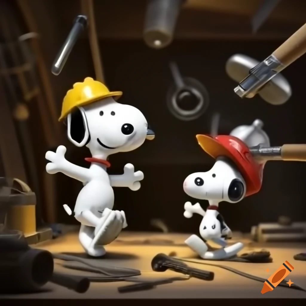 Snoopy and woodstock working in workshop on innovative invention on Craiyon