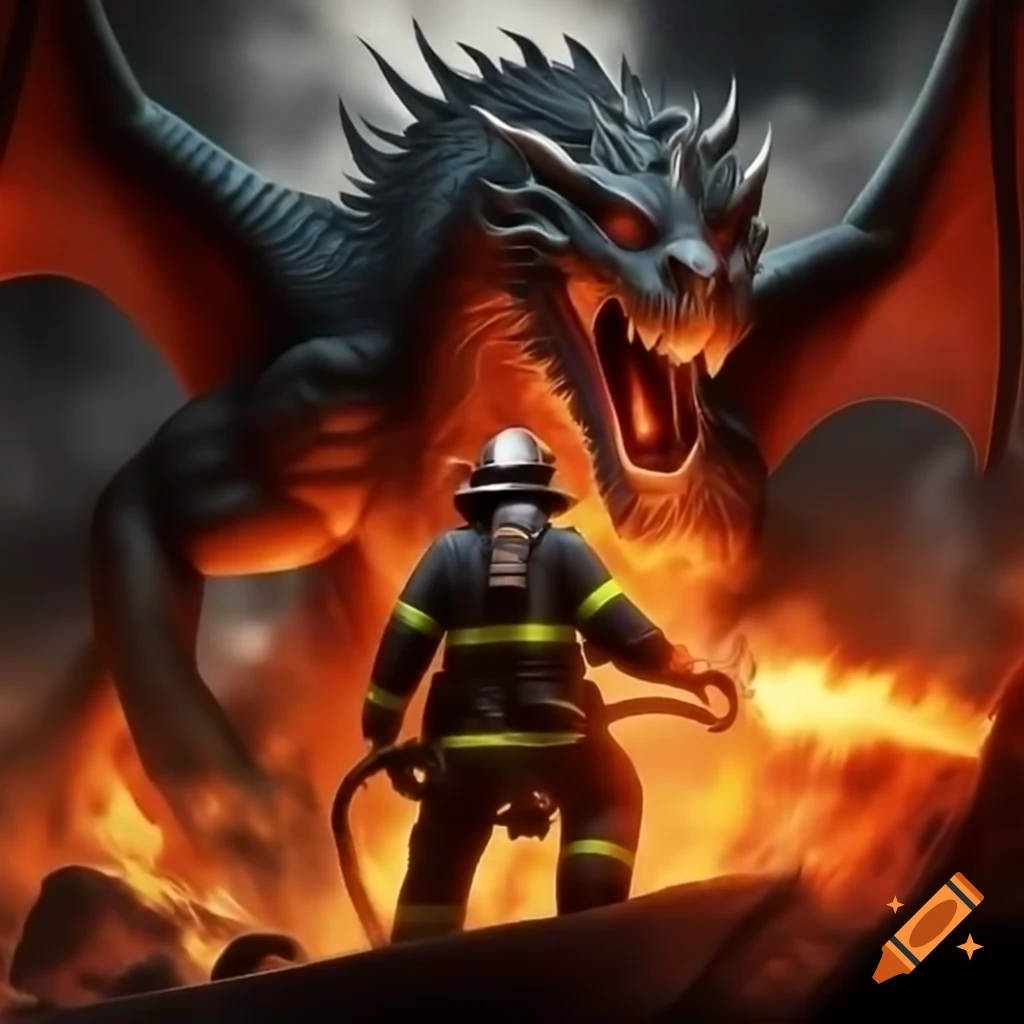 Firefighter battling dragon with hose against flames on Craiyon