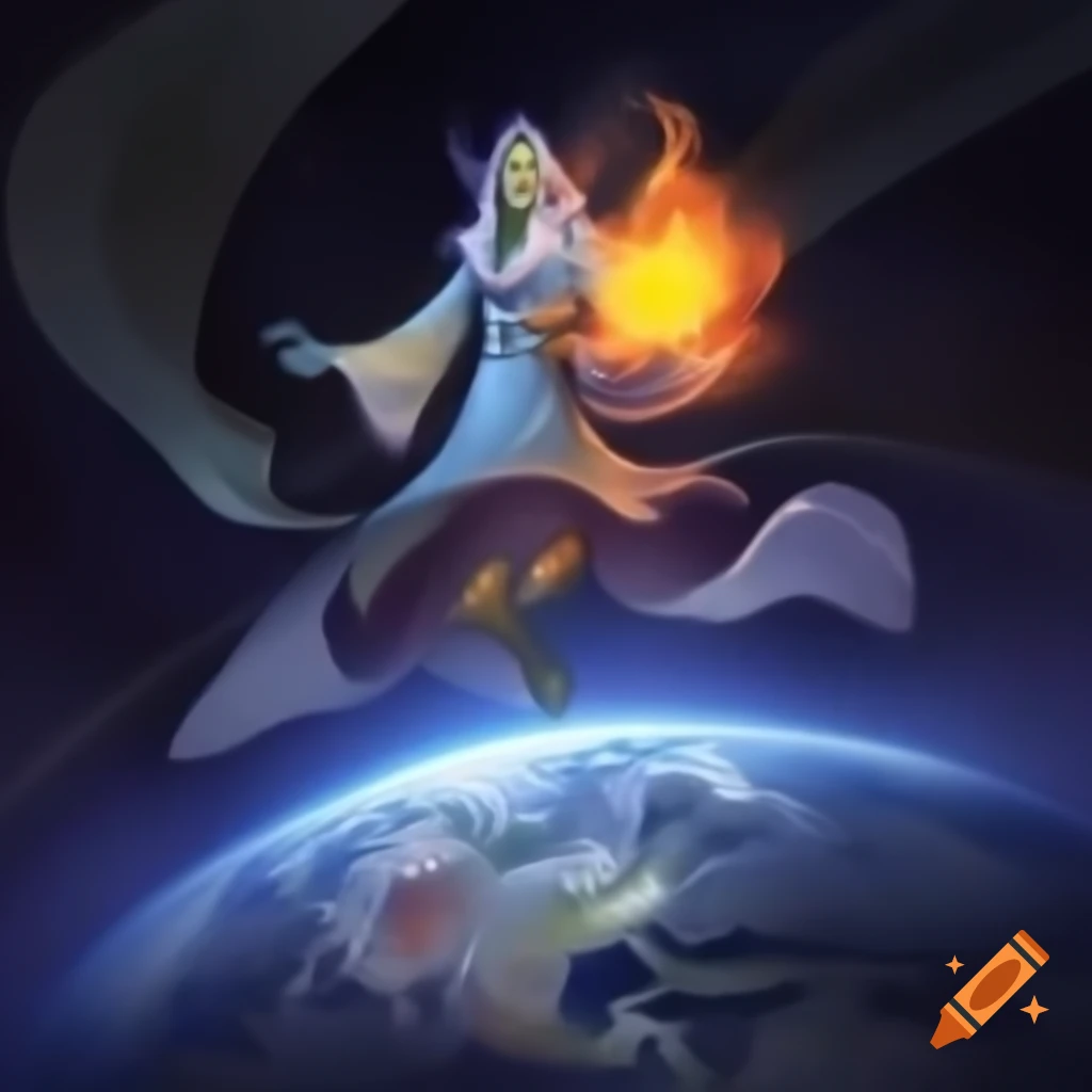 Elemental deity hovering above earth-like planet wielding four elements ...