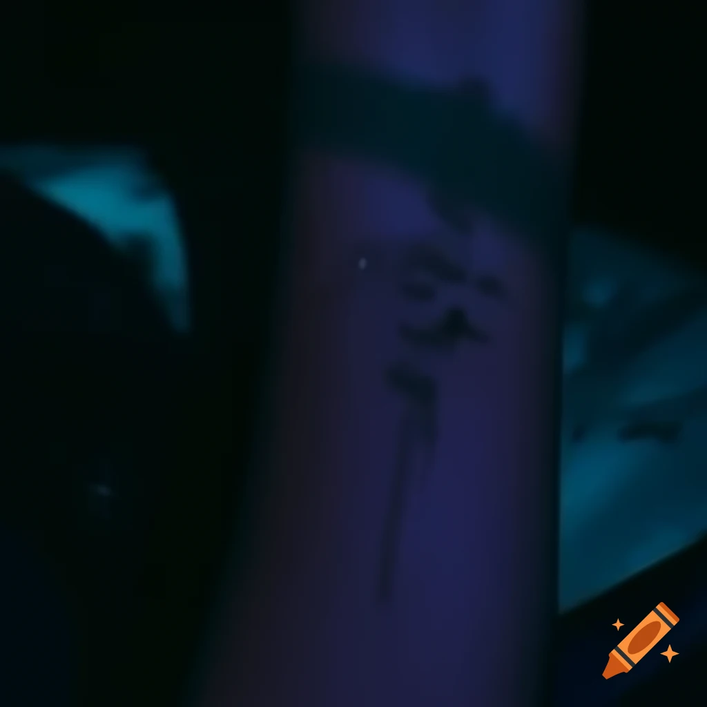 Close-up of forearm with glowing purple vine-like marks in dim light on ...