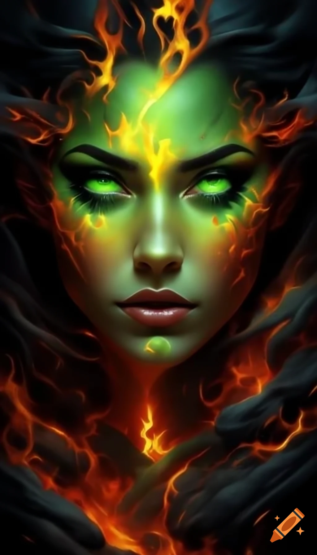 Green-eyed woman with flame-shaped hair in a firestorm, detailed artwork on Craiyon