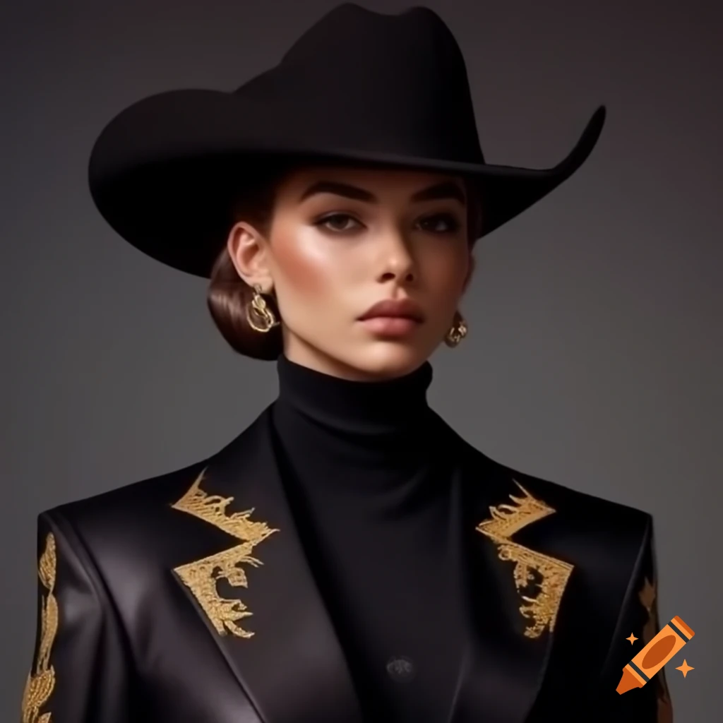 Stylish young asian cowboy in black-and-gold suit with stetson hat on ...