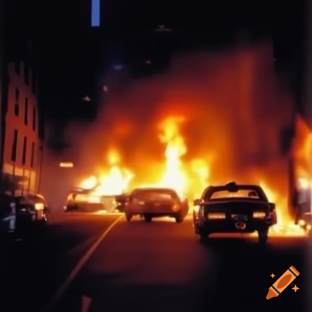 Fiery riot scene in 1990s nyc with police cars on fire on Craiyon