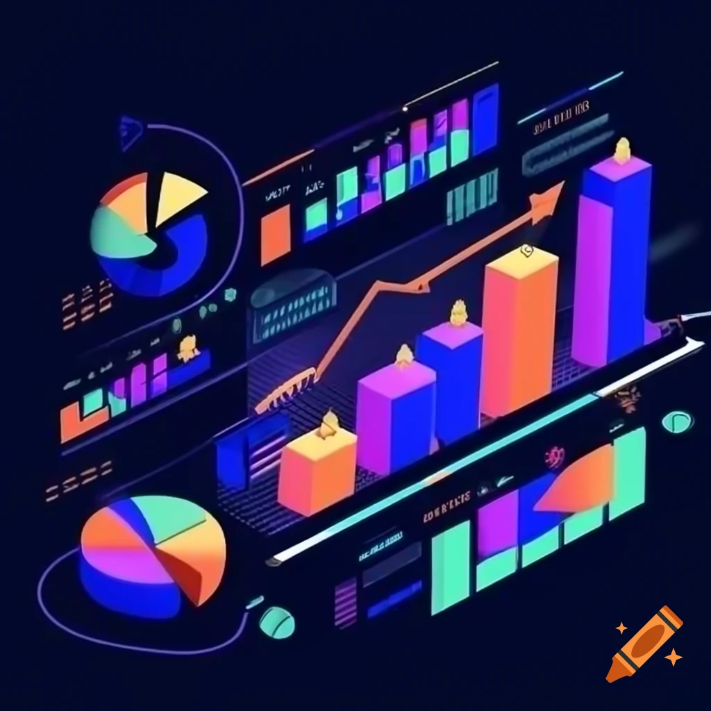 Colorful data visualization with bar chart, pie chart, and line graph ...