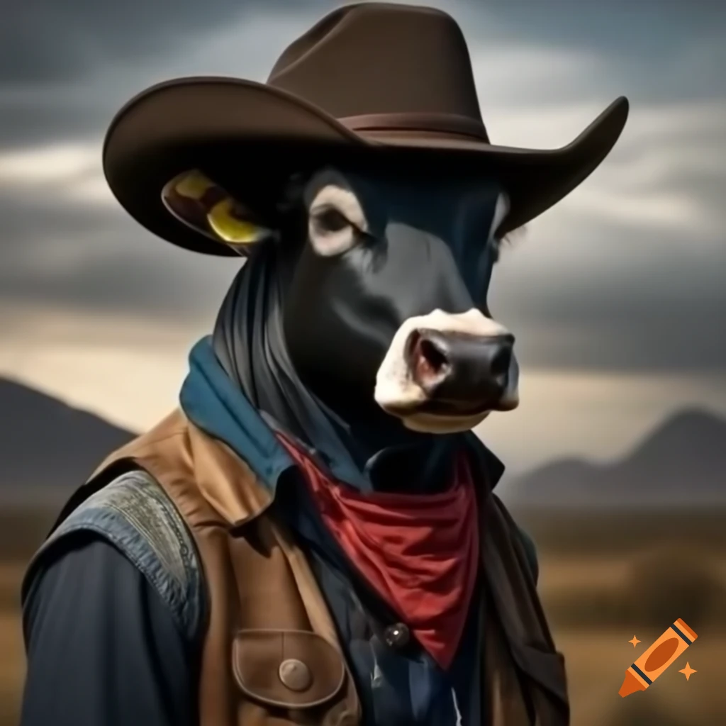 Realistic humanoid cowboy cow dressed in shirt and jeans on Craiyon