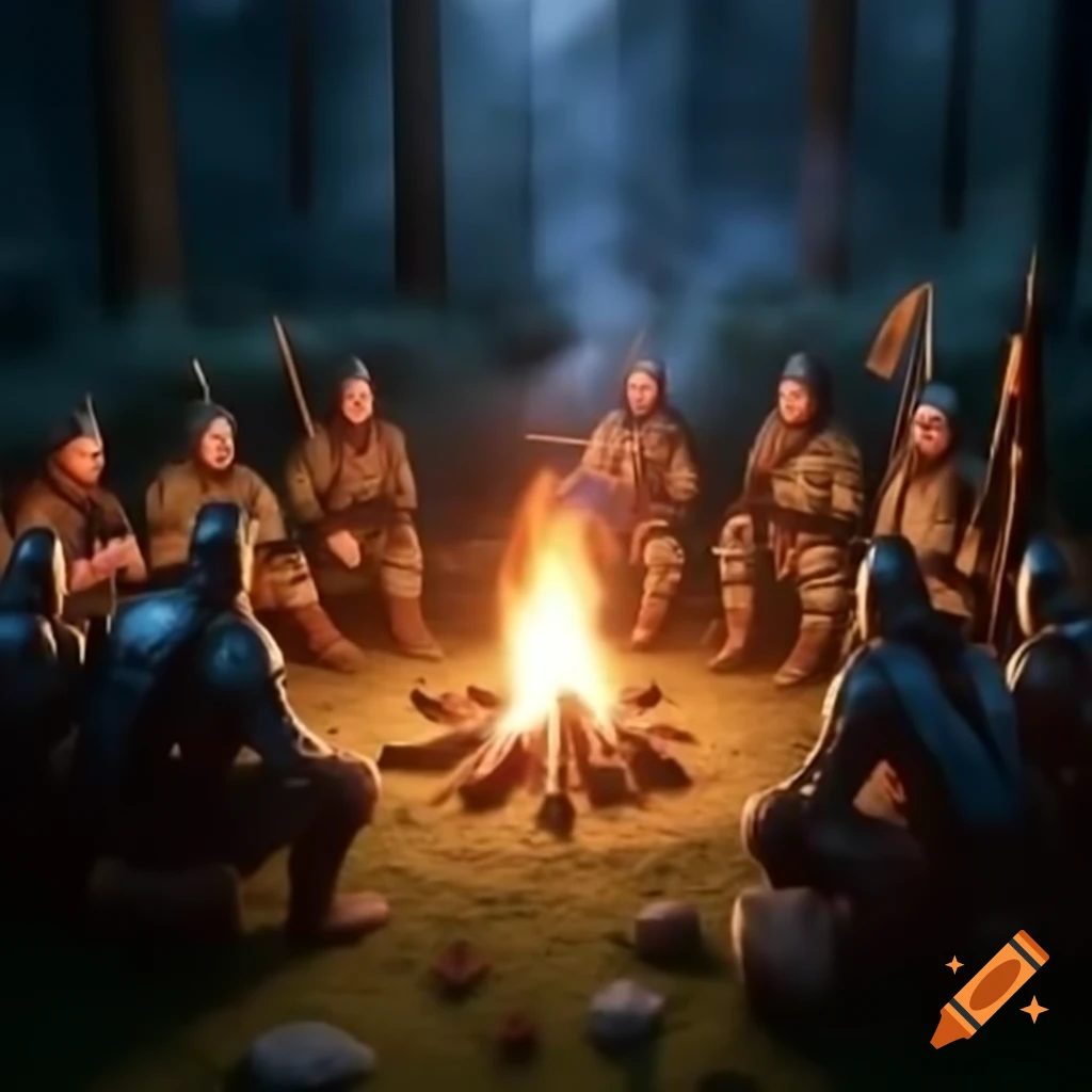Medieval warriors and soldiers gathered around campfire in woods at ...
