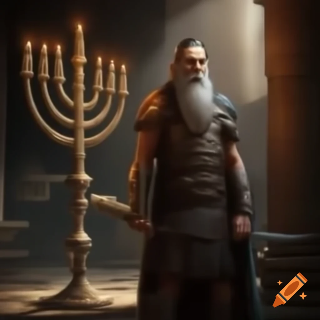 Ancient jewish maccabee warrior beside the seven-branched menorah in ancient temple on Craiyon