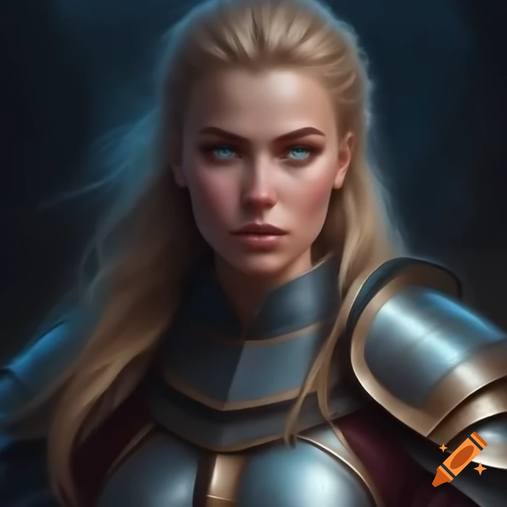 Beautiful Norwegian warrior in light armor with blonde hair and blue ...