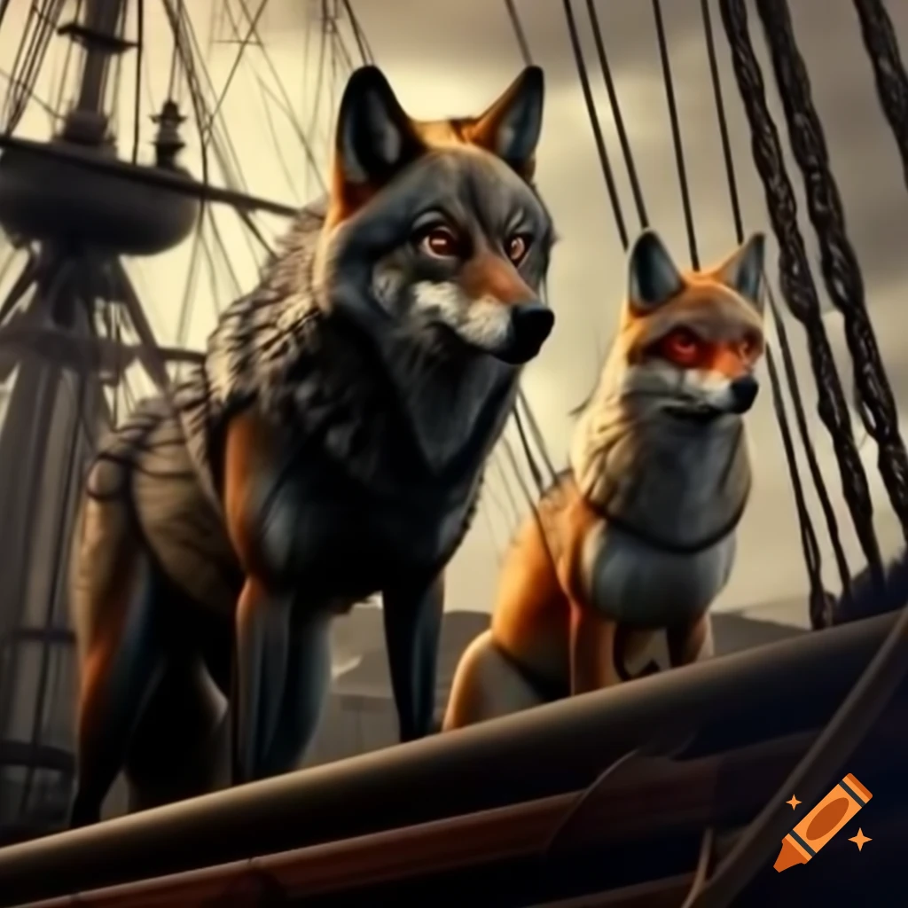 Post-apocalyptic wolf and fox sailing on ship in sepia photo on Craiyon