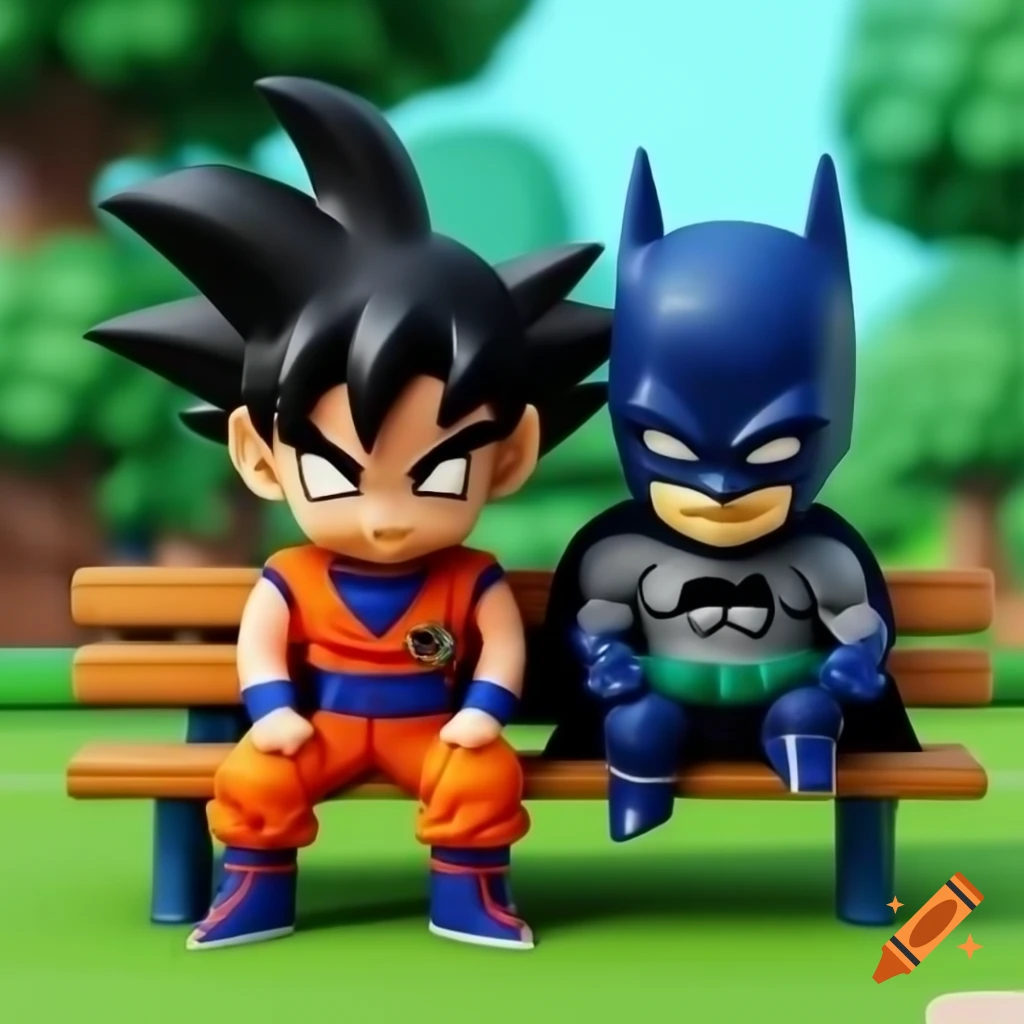 Kawaii 3D cartoon bobbleheads of Son Goku and Batman sitting on a park ...