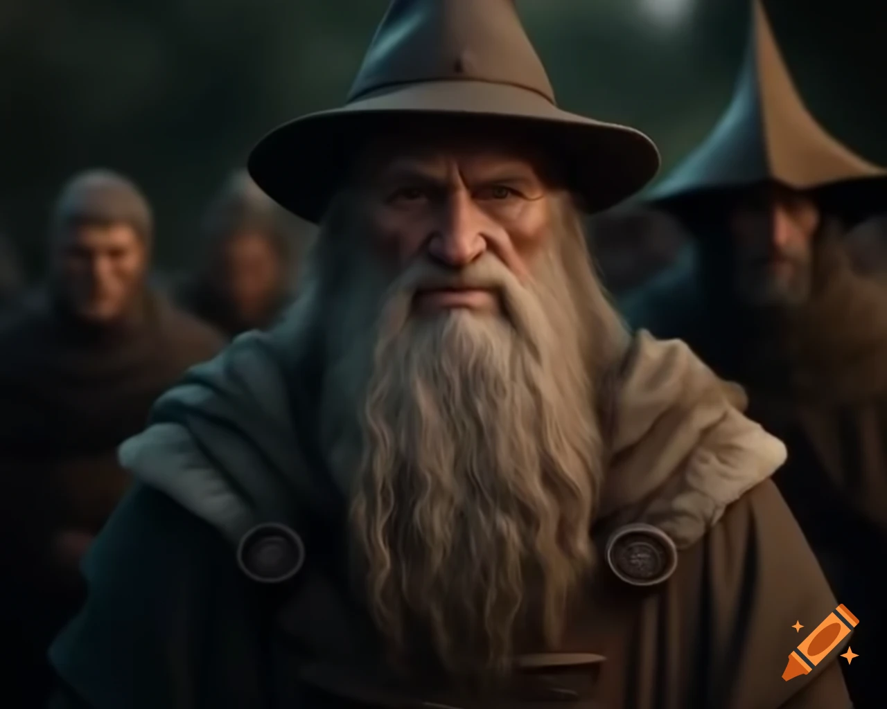 Rugged cleric in white robe leading pilgrims through wilderness on Craiyon