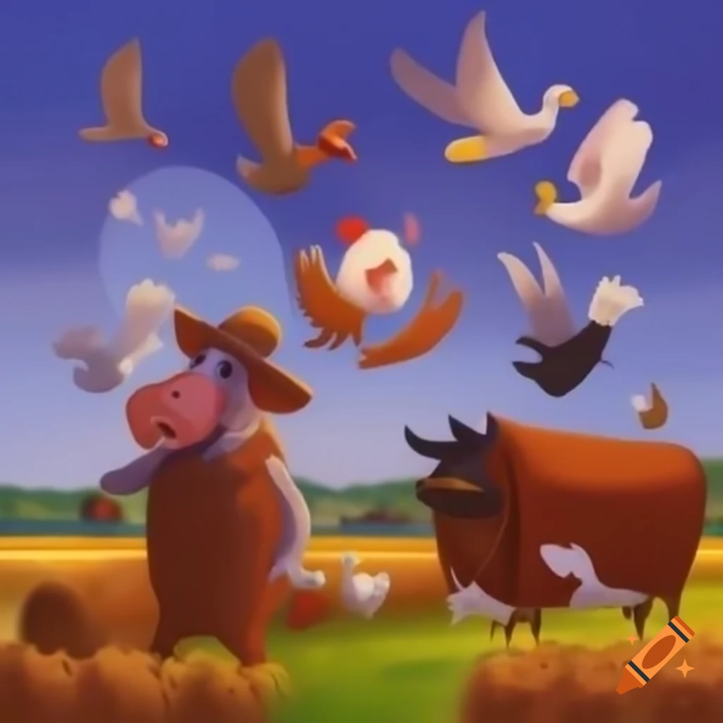 Vibrant barnyard scene with chickens, ducks, cats, and cows on Craiyon