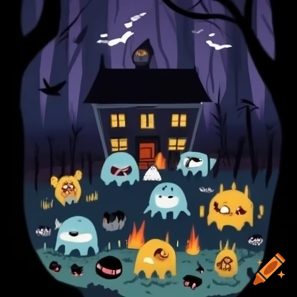 Kawaii monster horror creatures attacking house in spooky woods on Craiyon