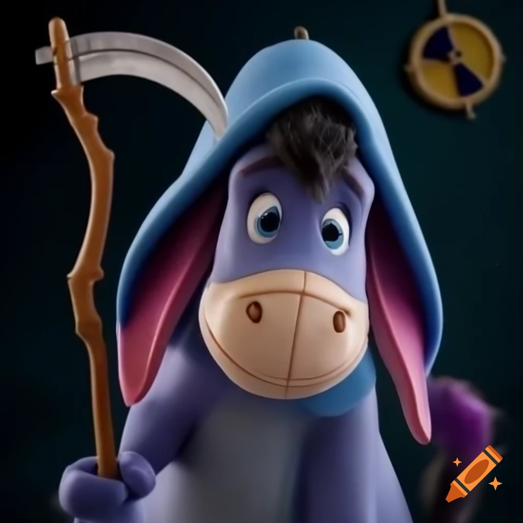 Eeyore depicted wearing a hooded cloak and holding a scythe on Craiyon