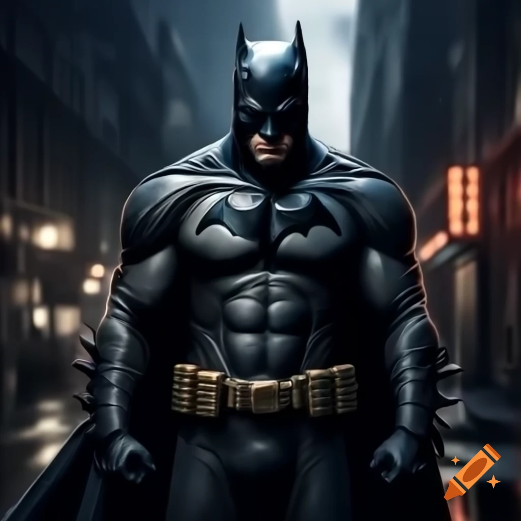 Realistic portrayal of batman in armored suit standing in gotham city ...