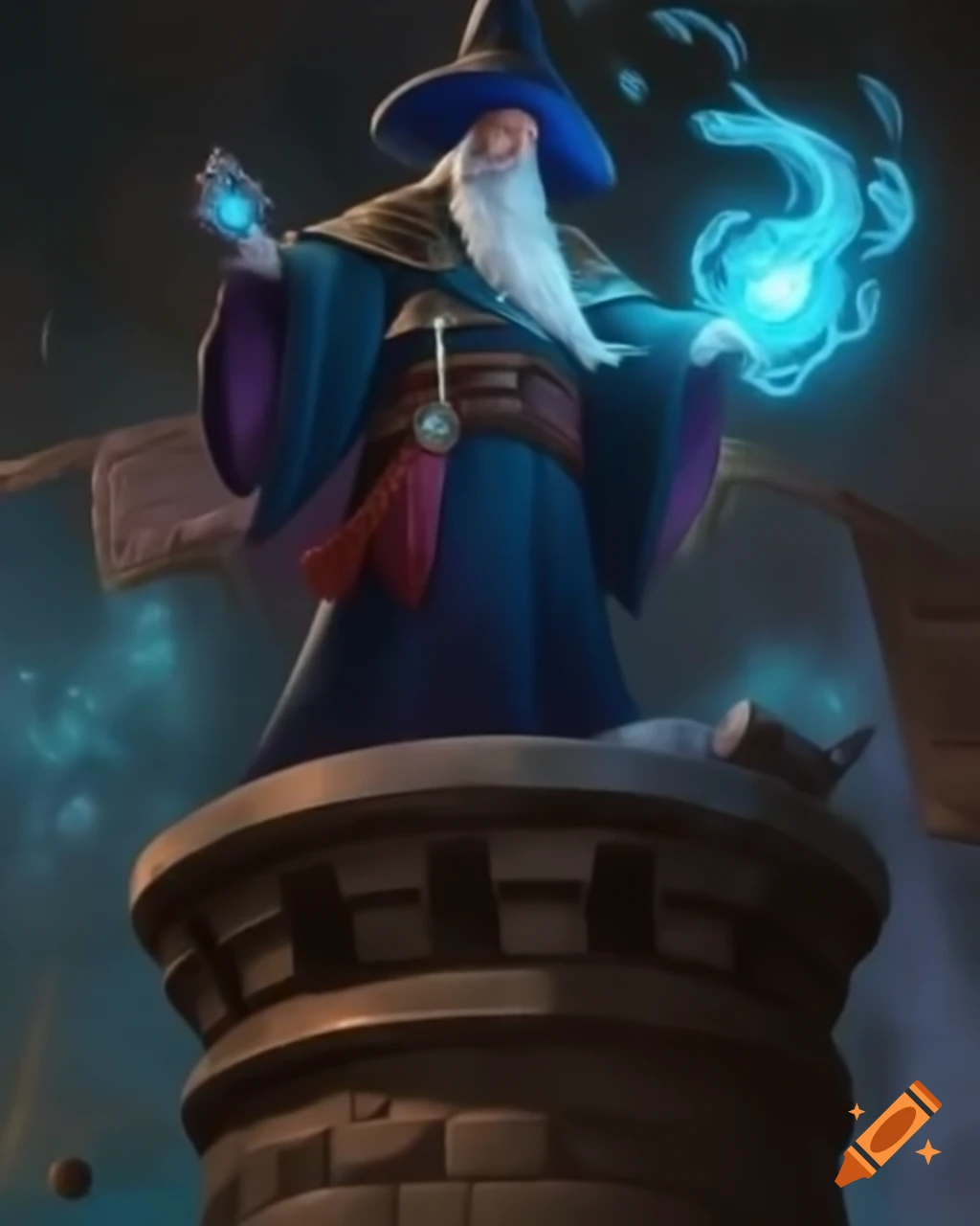 Blue wizard in ornate robe casting spells atop stone tower, trading ...