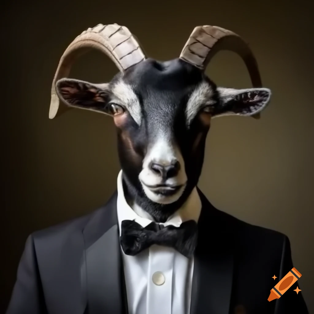 Goat in tuxedo with human body and goat head on Craiyon