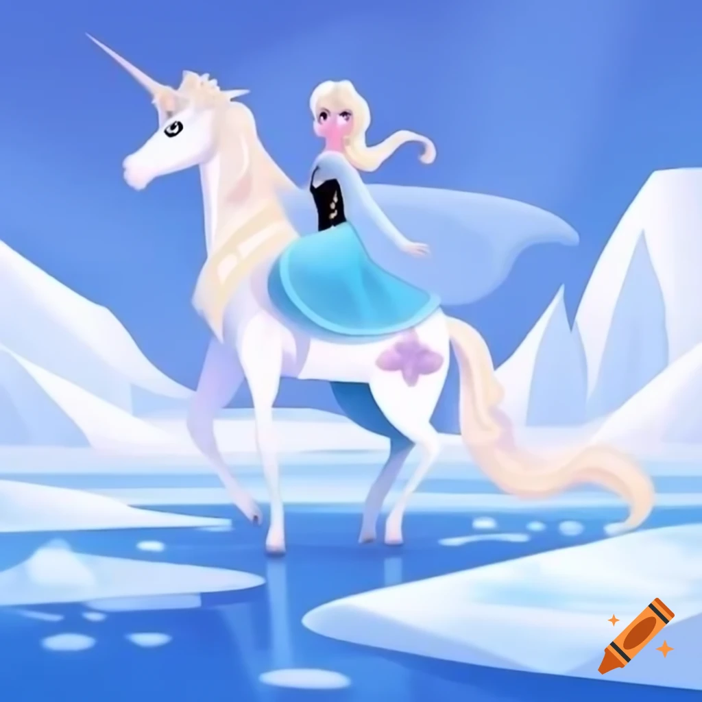 Elsa from Frozen riding unicorn in icy landscape with sun rays on Craiyon