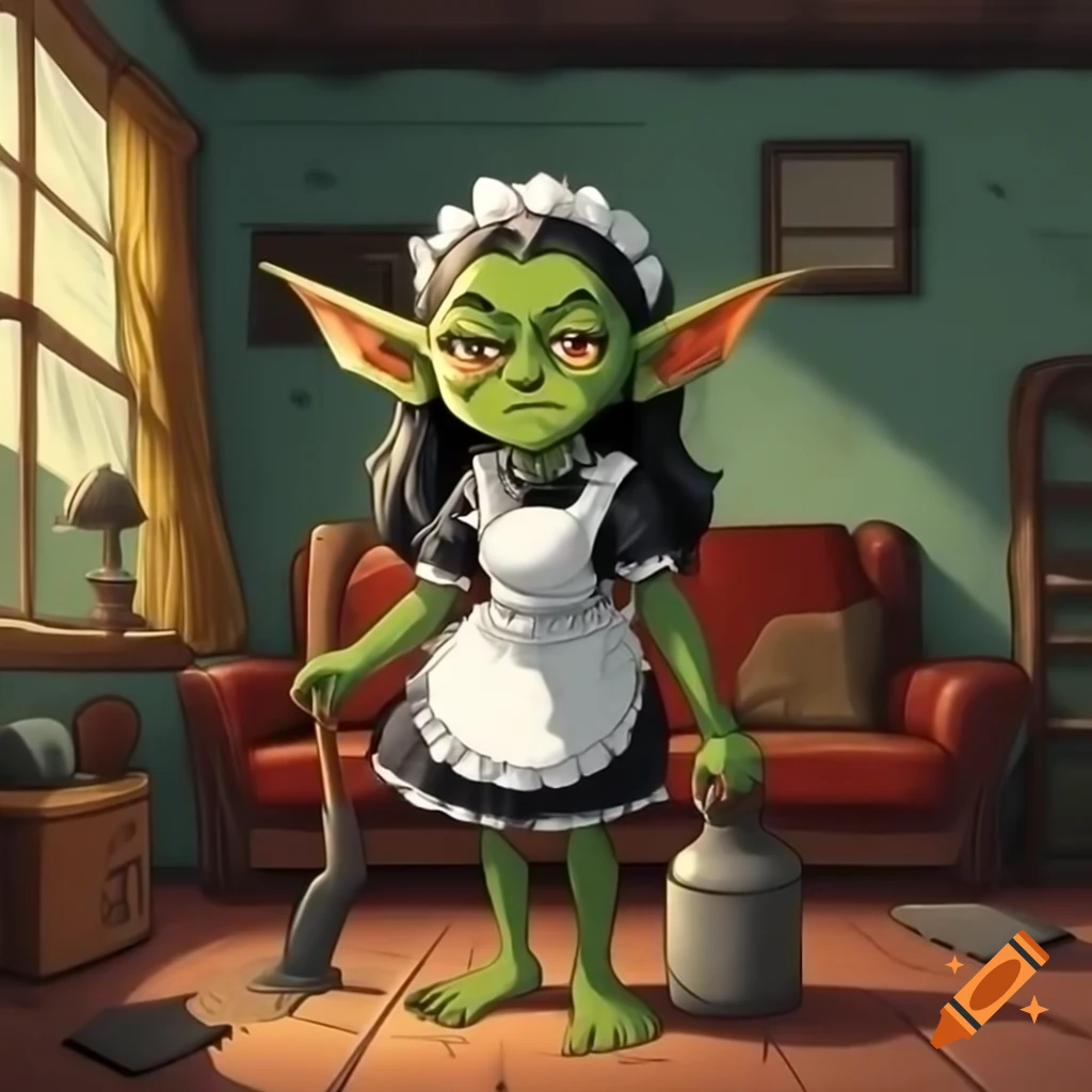 Green-skinned goblin girl in maid uniform cleaning old-fashioned living ...