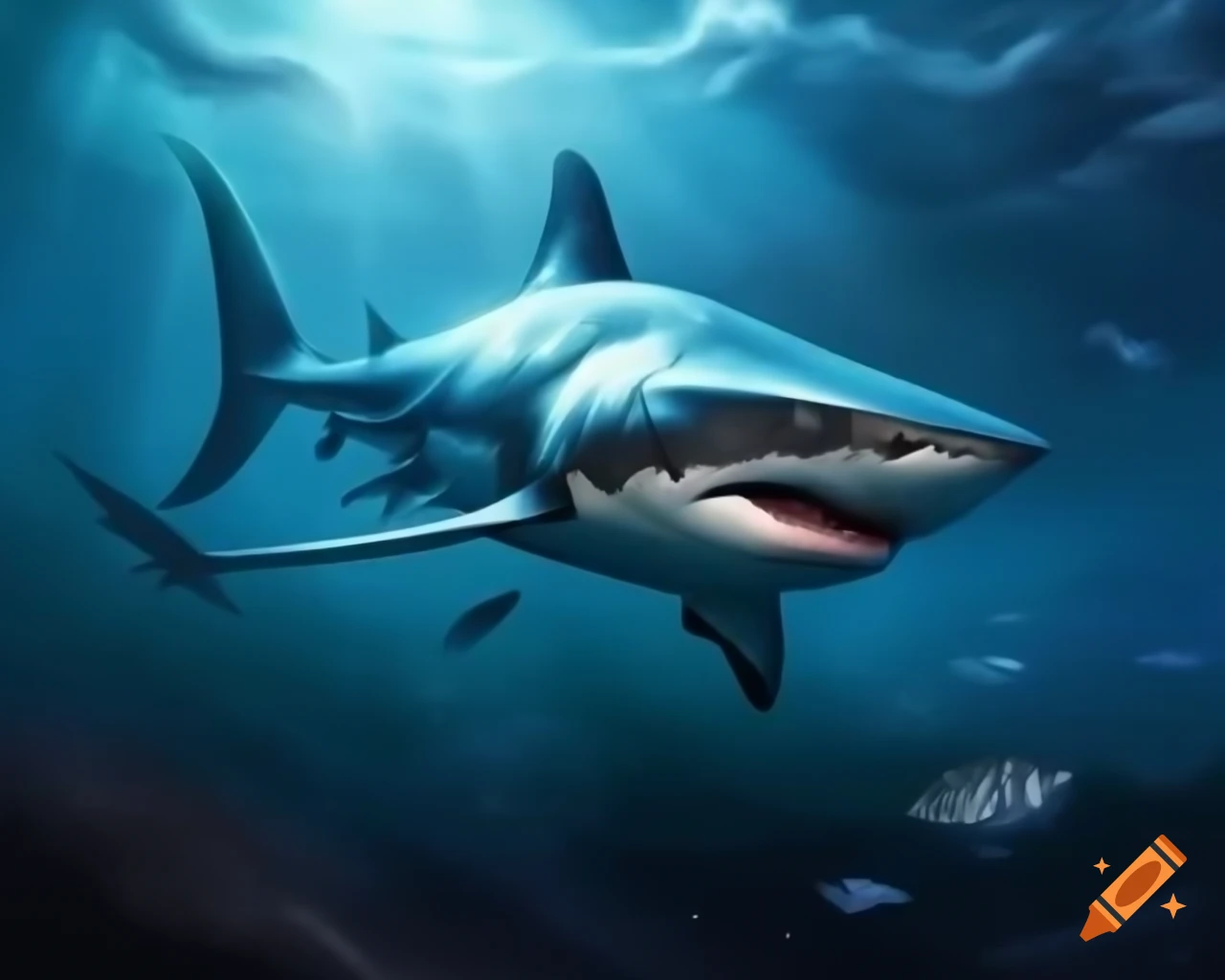 Magical glowing blue colossal shark underwater chasing fish in stormy ...