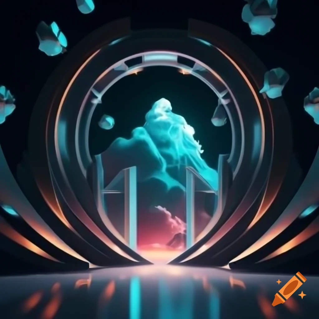 Futuristic entrance gate with neon geometric shapes and cosmic colors ...