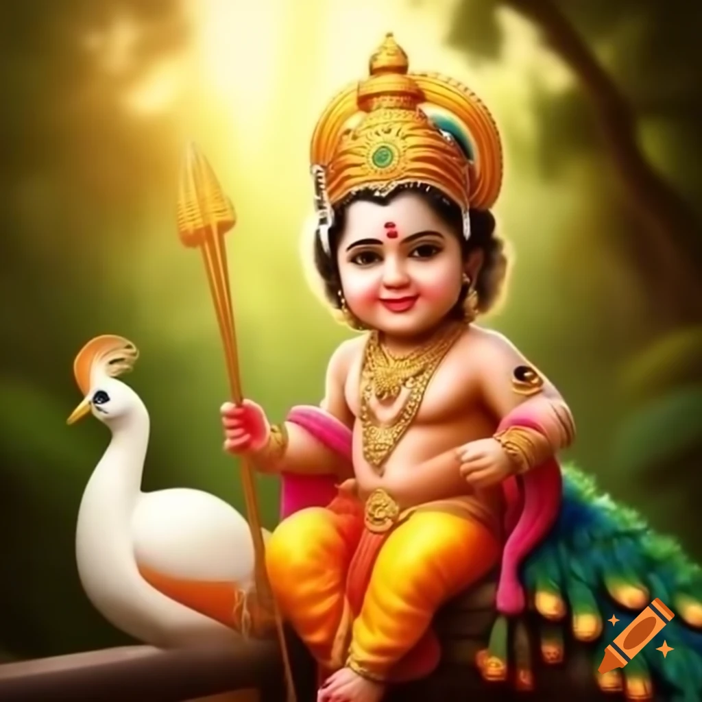 Child murugan in traditional attire with golden crown and vel, joyful ...