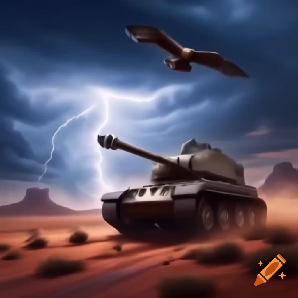 Thunderstorm over desert with tank and falcon flying on Craiyon
