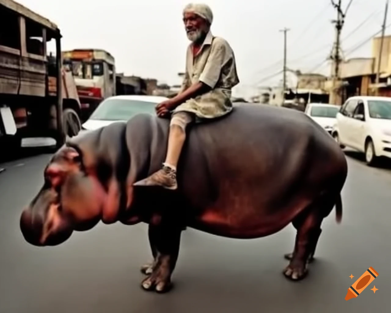 Old man riding a hippo amidst traffic on the road on Craiyon