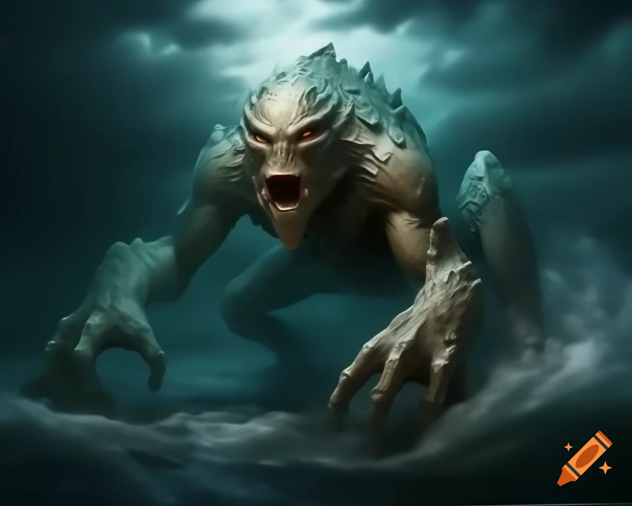 Giant crawdad creature stirring up dust underwater in stormy ocean on ...